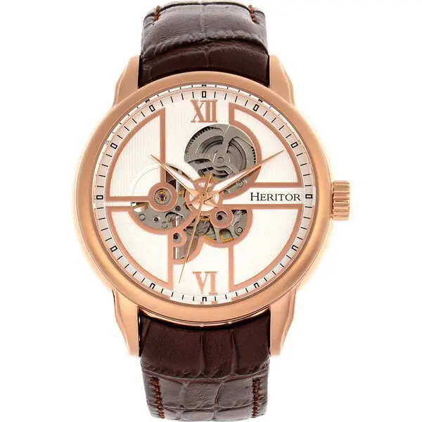 HERITOR AUTOMATIC Sanford Semi-skeleton Leather-band Watch - Rose Gold/brown