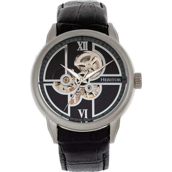 HERITOR AUTOMATIC Sanford Semi-skeleton Leather-band Watch - Silver/black