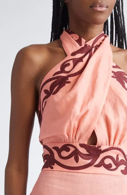 Johanna Ortiz Printed Linen Halter Dress - Pink/Wine/Red