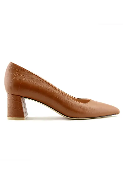 ALLY SHOES Pointed-toe Block Heel Pumps - Cognac Embossed Leather