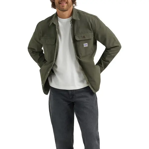 LEEM Cotton Canvas Snap-up Shirt Jacket - Oak Moss