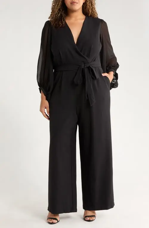 Julia Jordan Wrap Front Sheer Long Sleeve Jumpsuit - Black