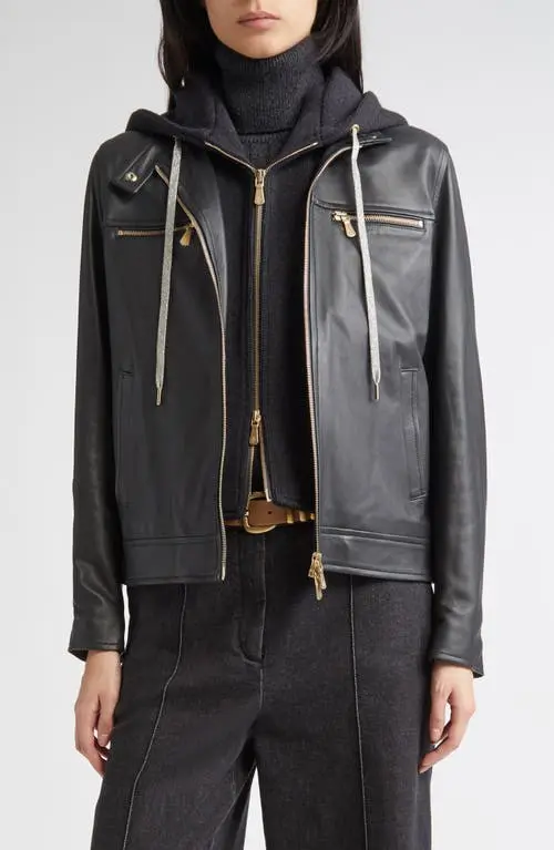 Eleventy Leather Biker Jacket With Removable Hooded Bib