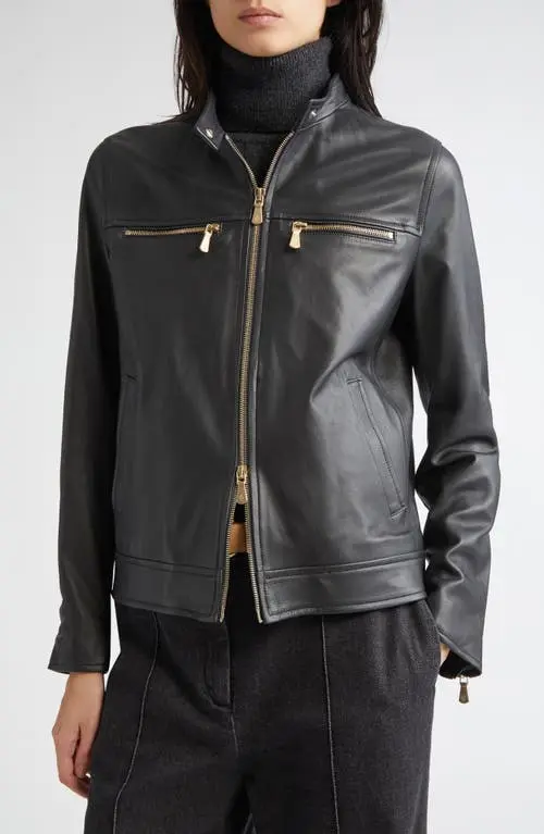 Eleventy Leather Biker Jacket With Removable Hooded Bib