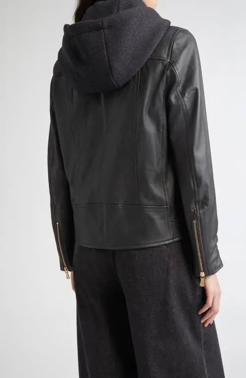 Eleventy Leather Biker Jacket With Removable Hooded Bib