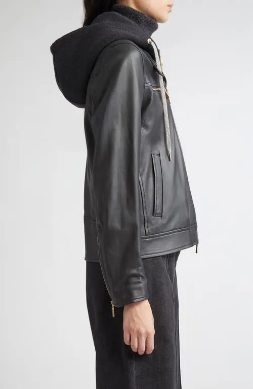 Eleventy Leather Biker Jacket With Removable Hooded Bib