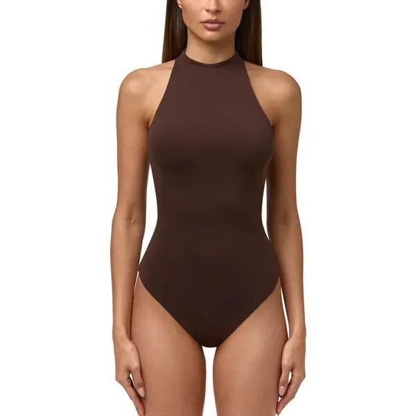 Naked Wardrobe Funnel Neck Racerback Bodysuit - Dark Chocolate