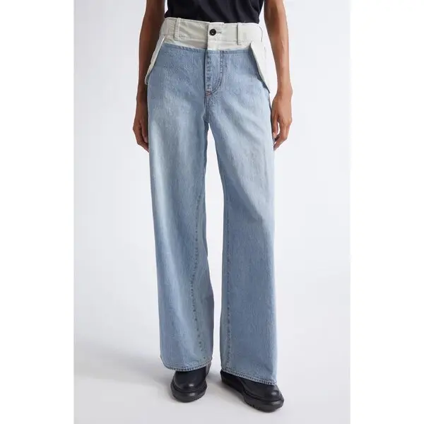 Sacai Baggy Mixed Media Jeans - Light Blue/light Gray