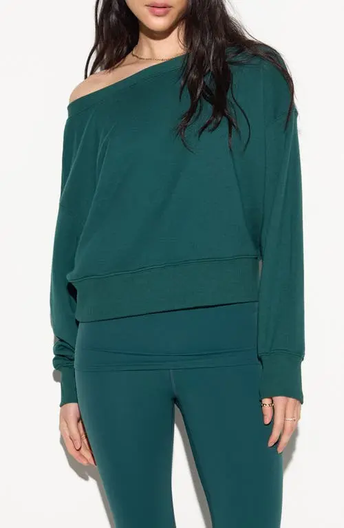 Spiritual Gangster La Vida Off The Shoulder Cotton French Terry Sweatshirt - Evergreen