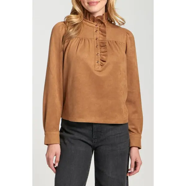 APNY Ruffle Snap-front Faux Suede Top