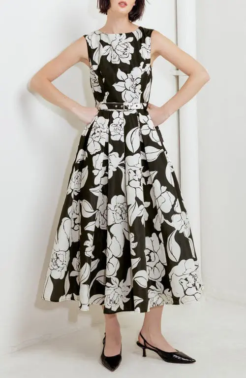 FREEMARKET Printed Belted Sleeveless Maxi Dress