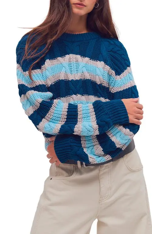 Free People Frankie Stripe Cable Stitch Cotton Sweater - Teal Combo
