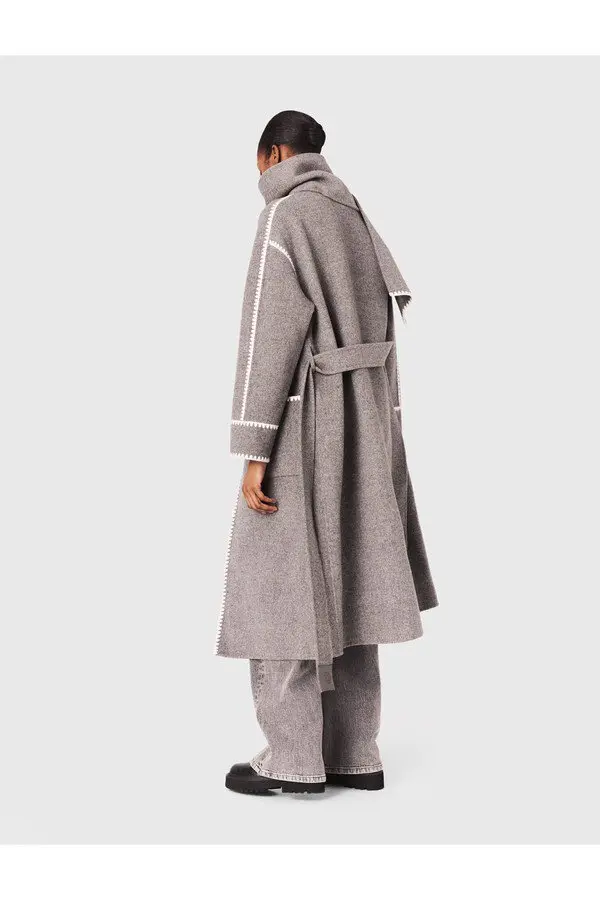 Maje Long Double-faced Coat With Integrated Scarf - White