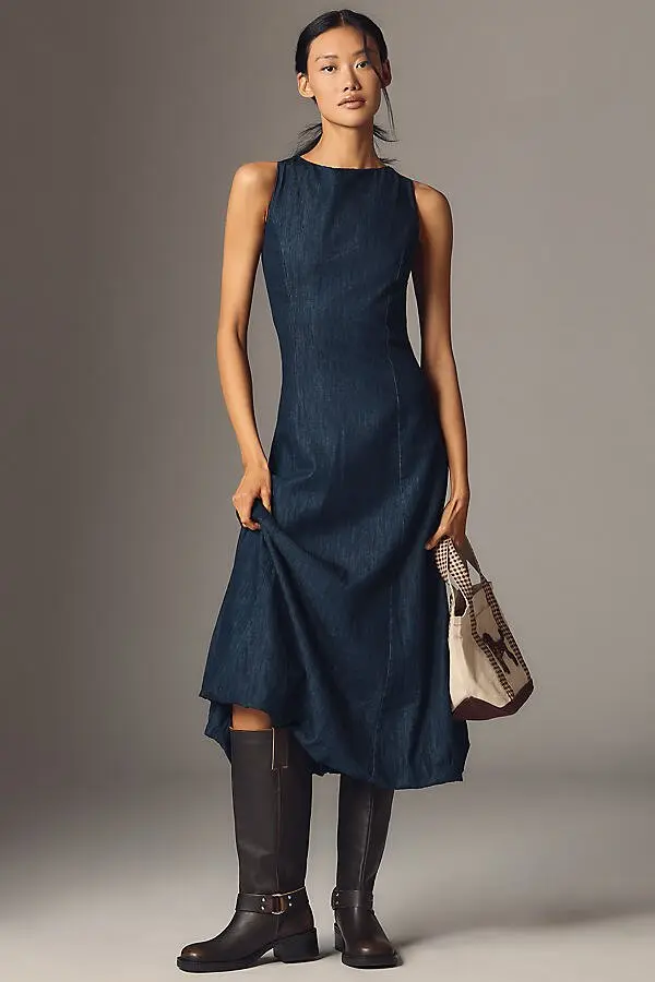 Anthropologie Boat-neck Denim Midi Dress - Blue