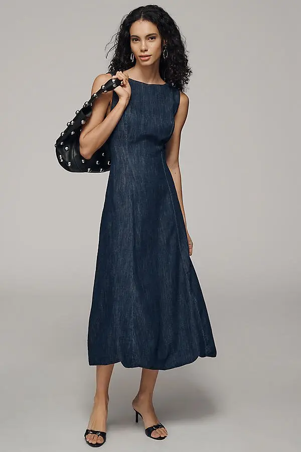 Boat-Neck Denim Bubble Midi Dress by Anthropologie in Black, Size: XL