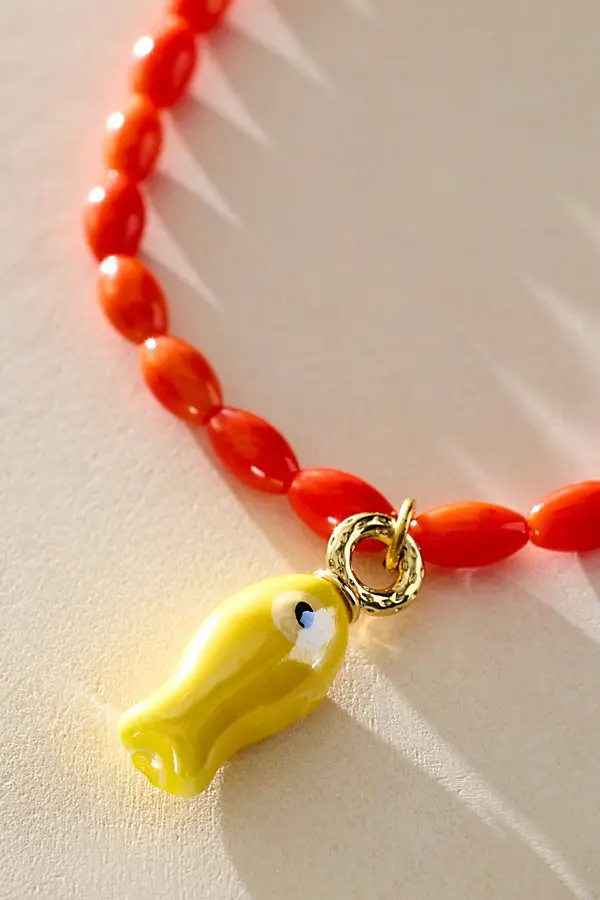 LOGAN TAY Beaded Necklace With Fish Charm - Orange/yellow