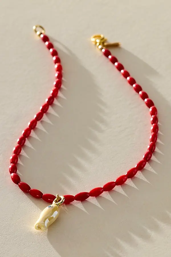 LOGAN TAY Beaded Necklace With Fish Charm - Red/cream
