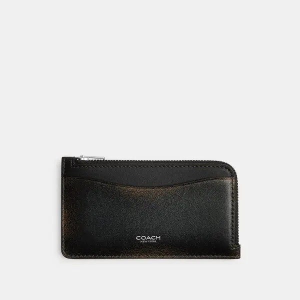 COACH New York Zip Card Case In Loved Leather - Silver/black Brown