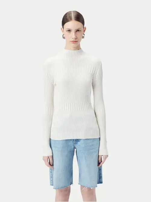 Gobi Cashmere High-neck Ribbed Cotton Silk Blend Sweater - Whisper White