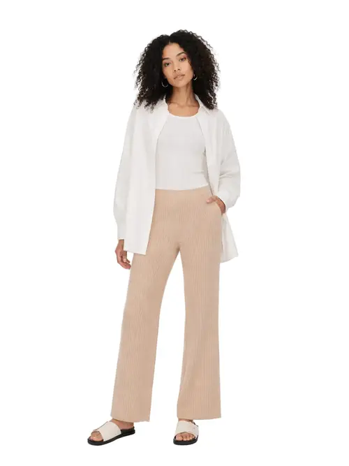 Gobi Cashmere Ribbed Knit Wide Leg Pants - Beige