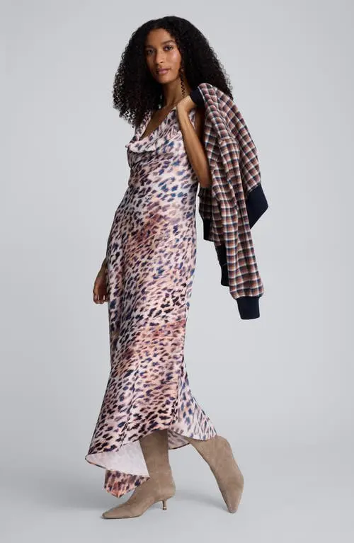KENNETH COLE Abstract Animal Print Cowl Neck Asymmetric Dress - Russet Multi