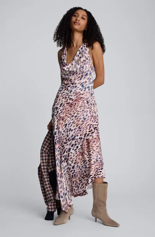 KENNETH COLE Abstract Animal Print Cowl Neck Asymmetric Dress - Russet Multi