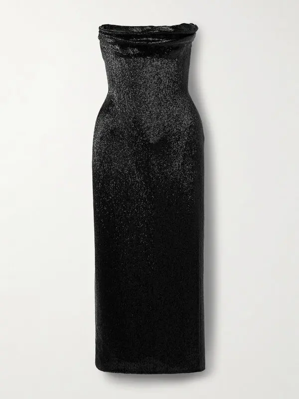 WIEDERHOEFT Ivy Draped Strapless Beaded Tulle Midi Dress - Black
