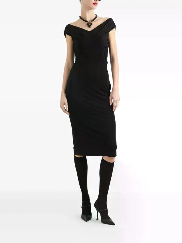 knee length dresses for ladies Dolce & Gabbana Black Off Shoulder Wool Midi Dress with Lace Detail Si –  Sellier main image 1