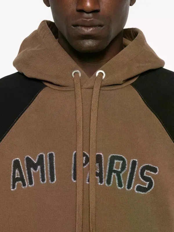 AMI Paris Raglan-sleeve Hoodie With Embroidered Logo - Brown