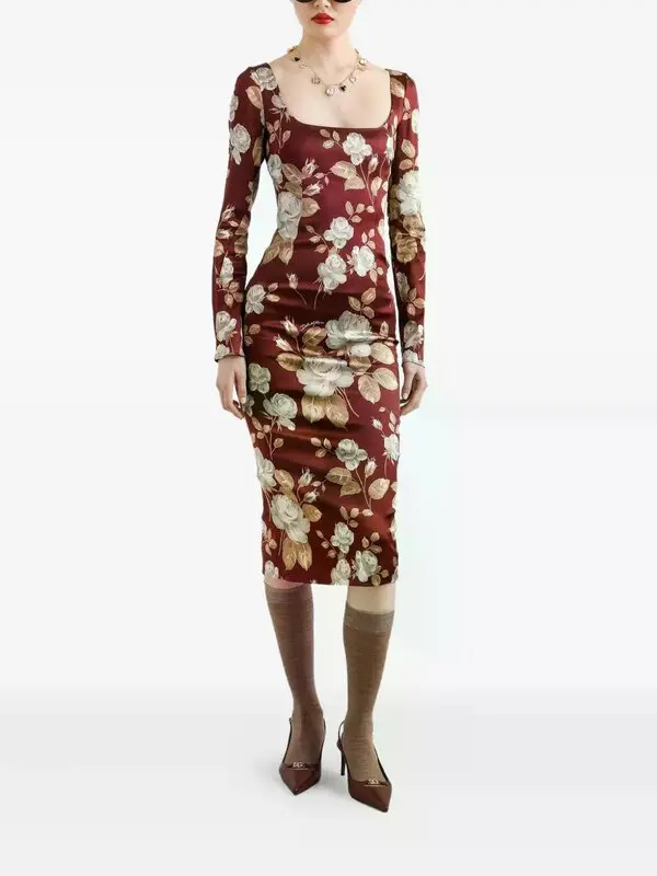 Dolce & Gabbana Square Neck Rose Print Midi Dress