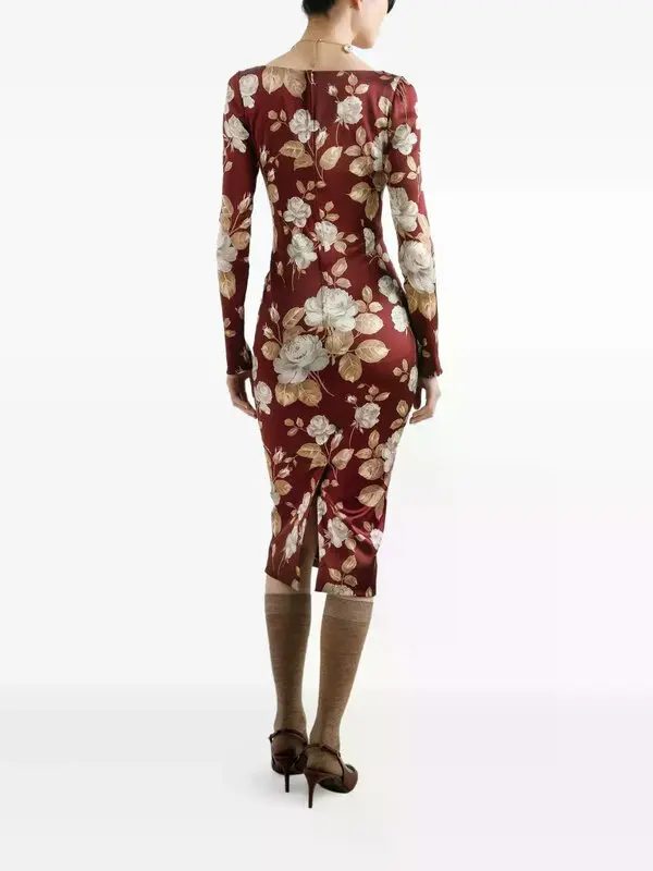 Dolce & Gabbana Square Neck Rose Print Midi Dress