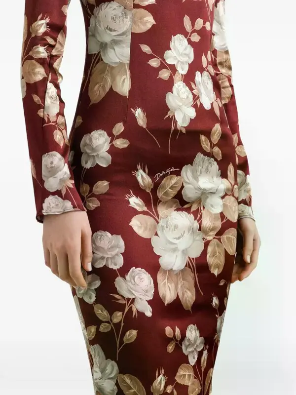 Dolce & Gabbana Square Neck Rose Print Midi Dress