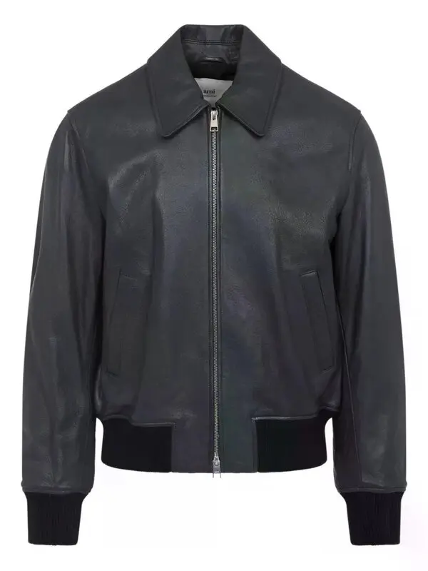 AMI Paris Zip-front Leather Jacket - Grey
