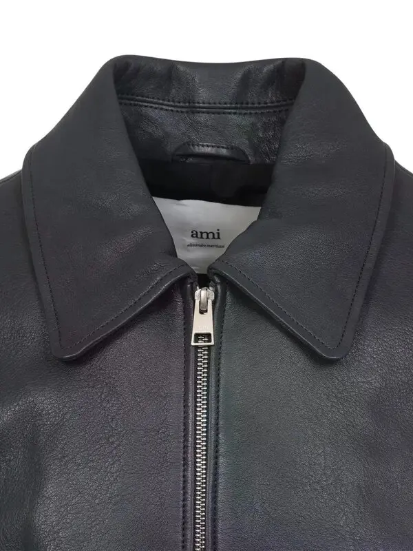 AMI Paris Zip-front Leather Jacket - Grey