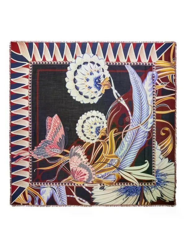 FERRAGAMO Floral-print Fringed Scarf - Blue