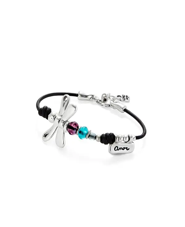 UNODE50 Sterling -plated Dragonfly Charm Leather Bracelet - Silver