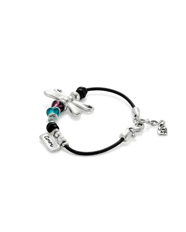 UNODE50 Sterling -plated Dragonfly Charm Leather Bracelet