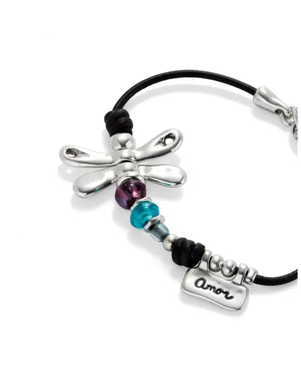 UNODE50 Sterling -plated Dragonfly Charm Leather Bracelet