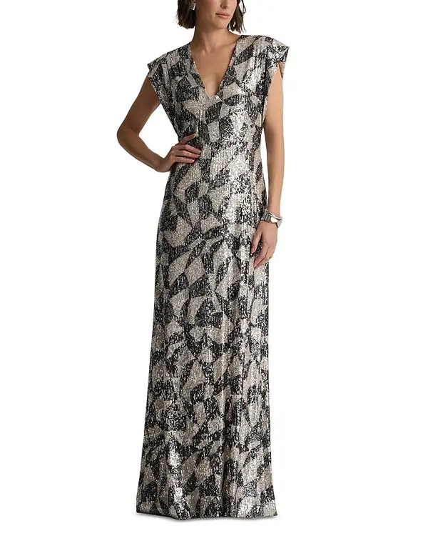 St. John Cubist Geo Stretch Paillette Gown