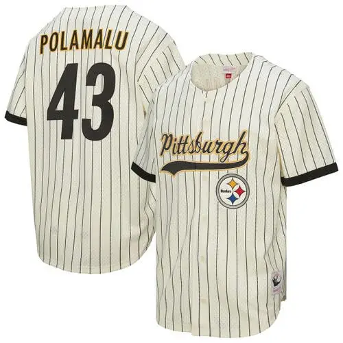 Mitchell & Ness Troy Polamalu Pittsburgh Steelers Name & Number Mesh Button-up Baseball Jersey - Cream