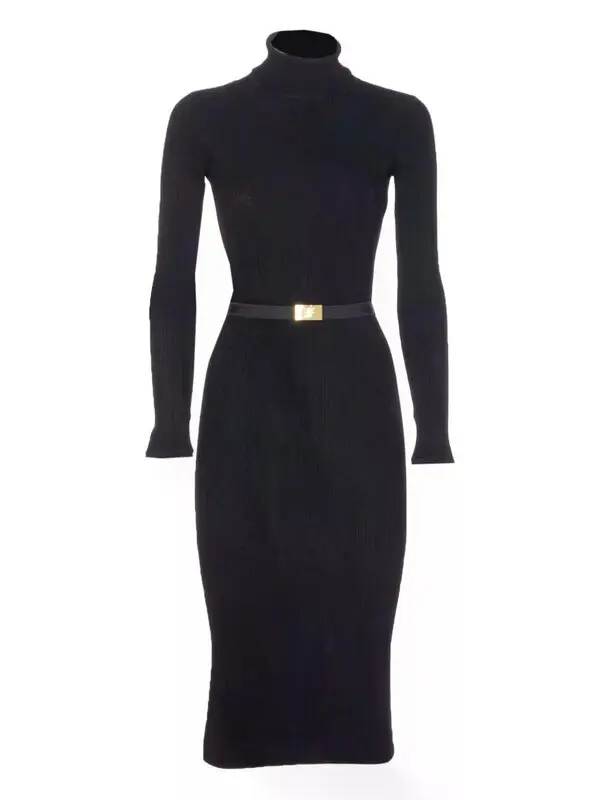 Elisabetta Franchi Ribbed High-neck Belted Midi Dress - Black