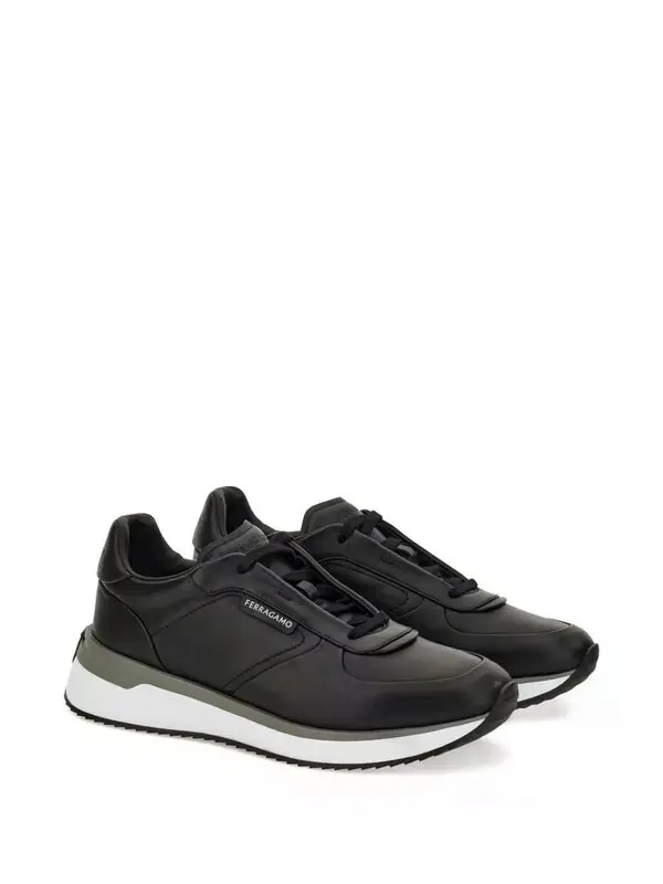 FERRAGAMO Lace-up Calfskin Leather Low-top Sneakers With Contrasting Trims - Black