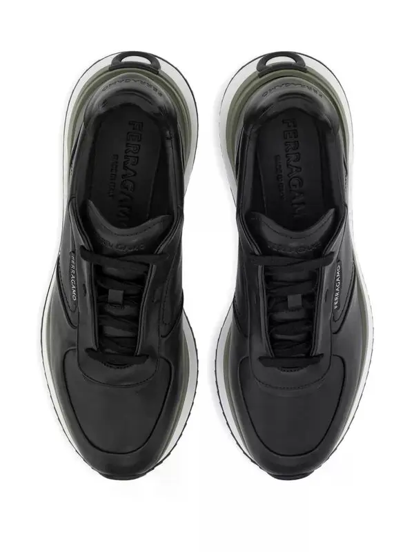 FERRAGAMO Lace-up Calfskin Leather Low-top Sneakers With Contrasting Trims - Black