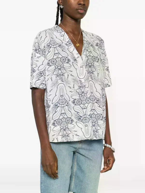 Marc O'polo Floral Print V-neck Short Sleeve Top - White