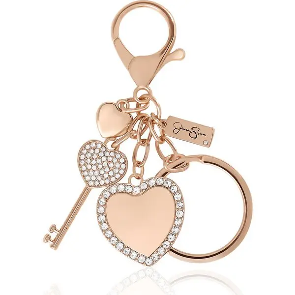 Jessica Simpson Heart & Key Charm Rhinestone Keychain - Rose Gold, Silver