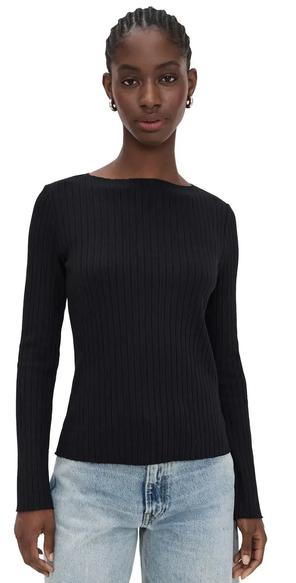Vince Ribbed Slash Neck Shirt - Black