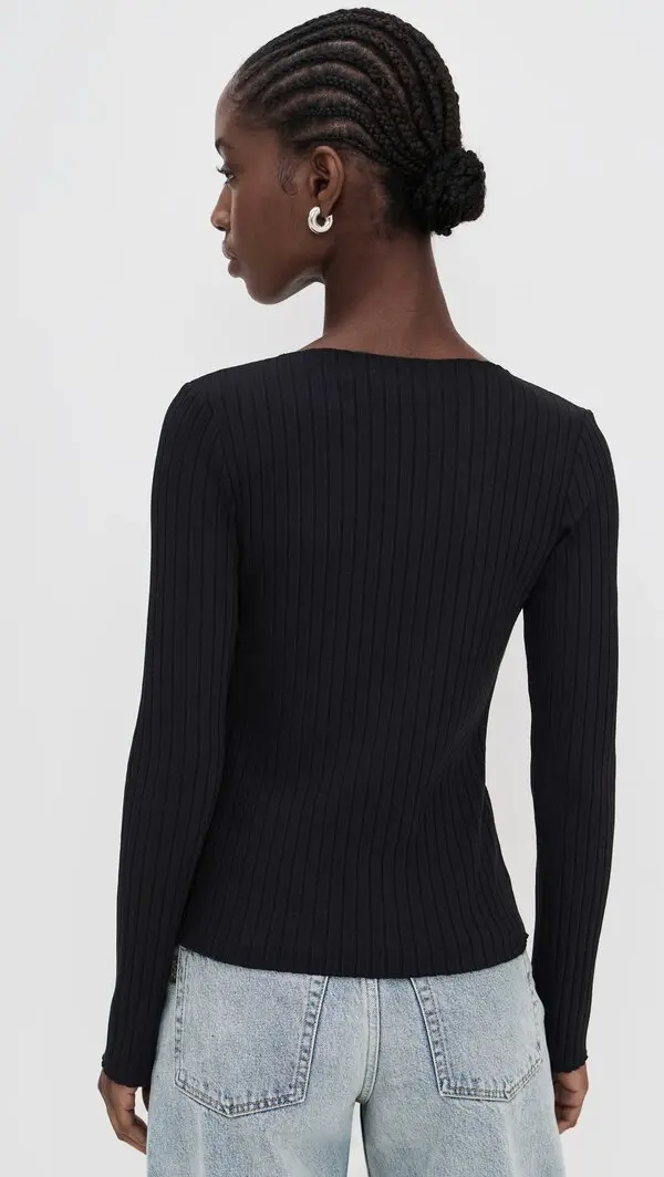 Vince Ribbed Slash Neck Shirt - Black