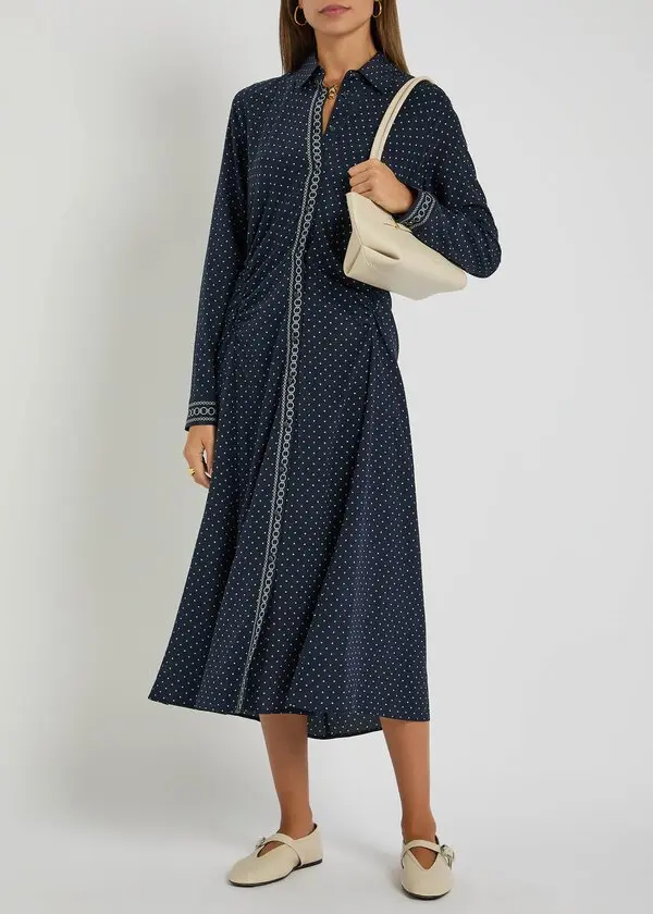 Veronica Beard Lex Polka Dot Stretch-silk Midi Shirt Dress - Navy