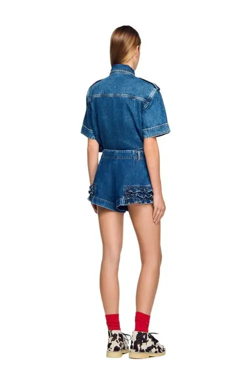 Sandro Ruffled Denim Shorts