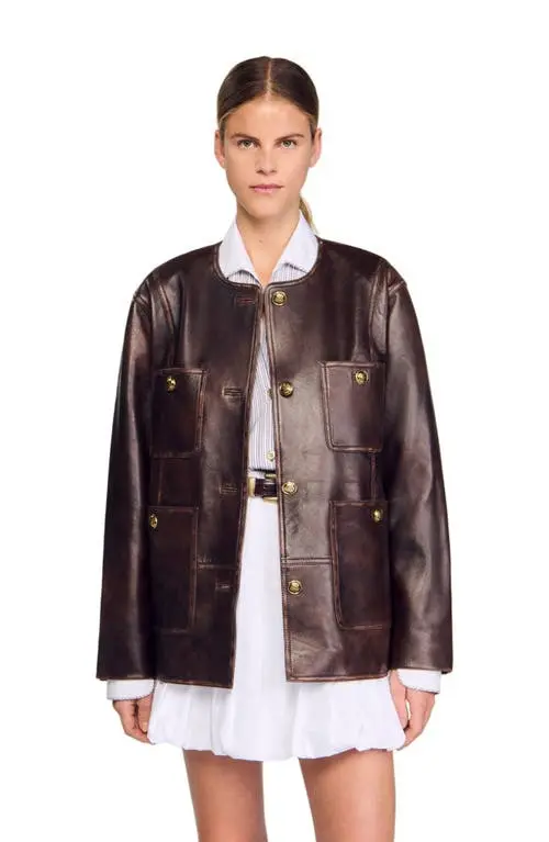 Sandro Long Distressed Leather Jacket
